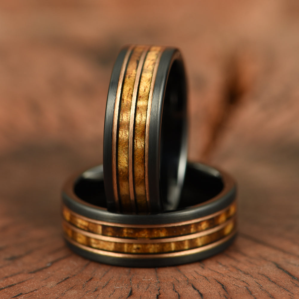 Hawaiian Koa Wood Black Tungsten Mens Wedding Band 8MM | Pristine Rings